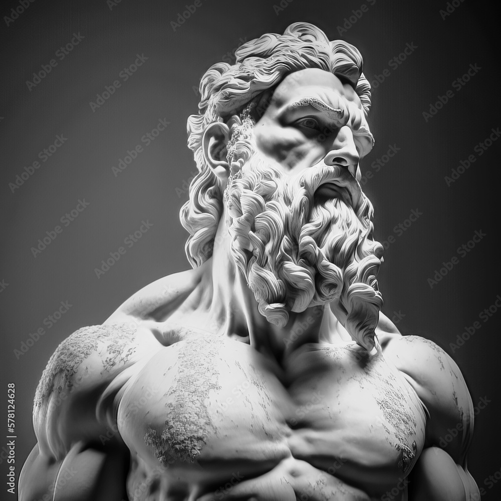 Handsome marble statue of powerful greek god Zeus over dark background ...