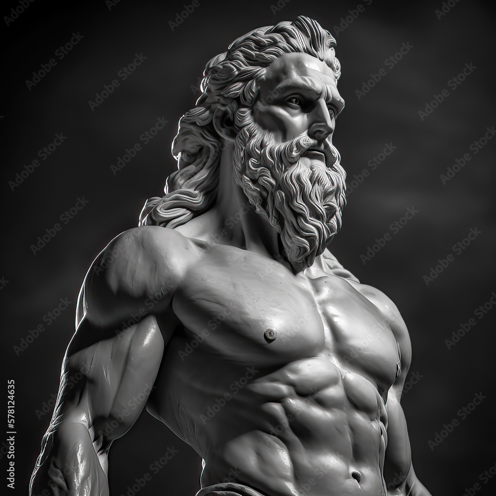 Handsome marble statue of powerful greek god Zeus over dark background ...
