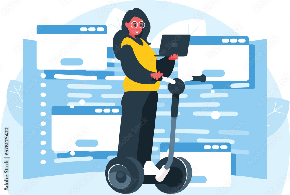 Female programmer rides on a gyro scooter holding a laptop in his hand ...