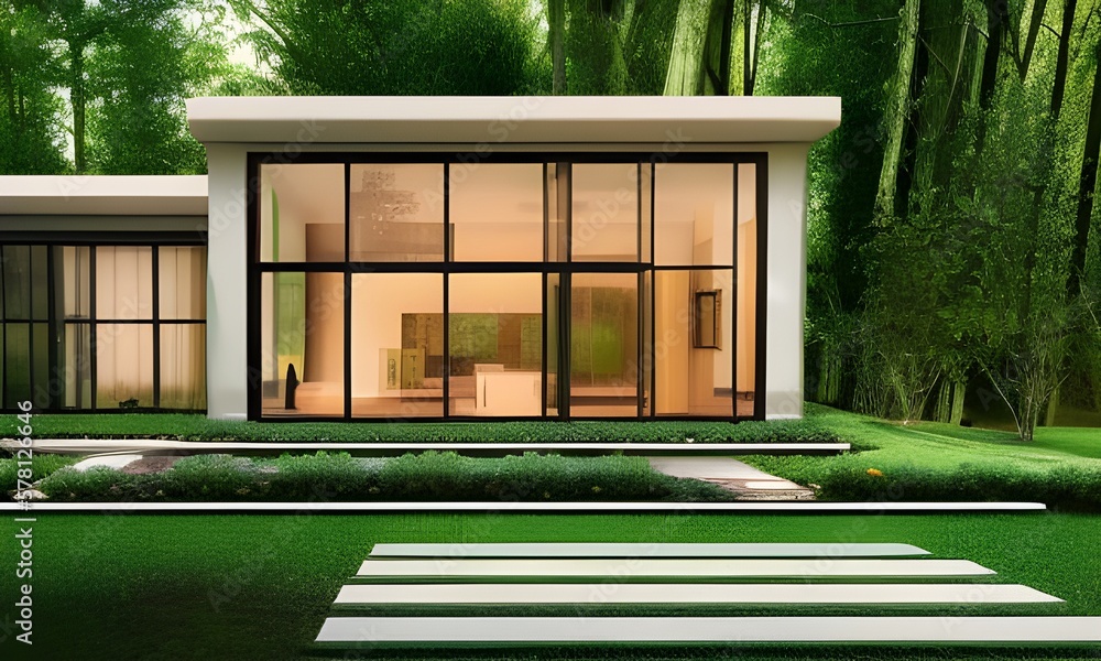 Grande baie vitrée de maison moderne avec toit plat Stock Illustration ...