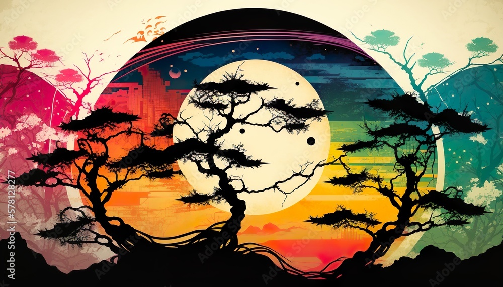 Full moon colored ultrafine detailed japanese bonzai cedar trees ...