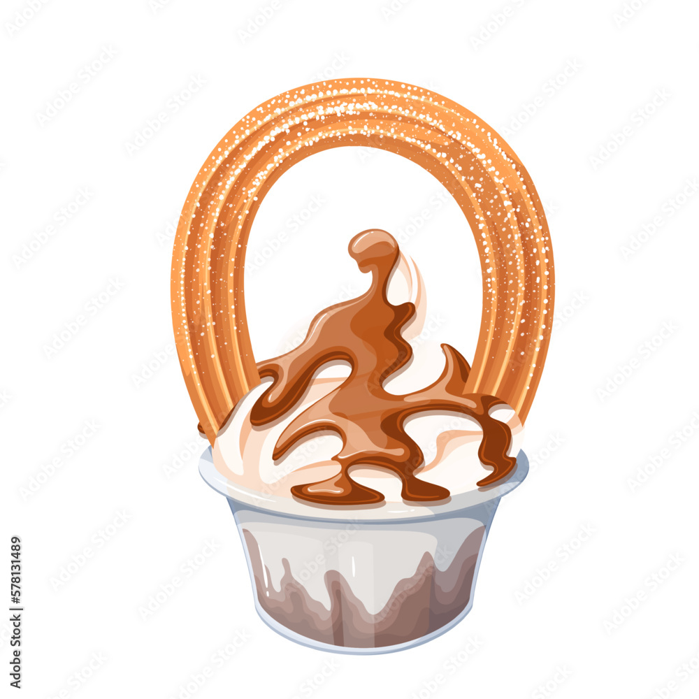 Ice cream with drips of chocolate sauce and churro vector illustration ...
