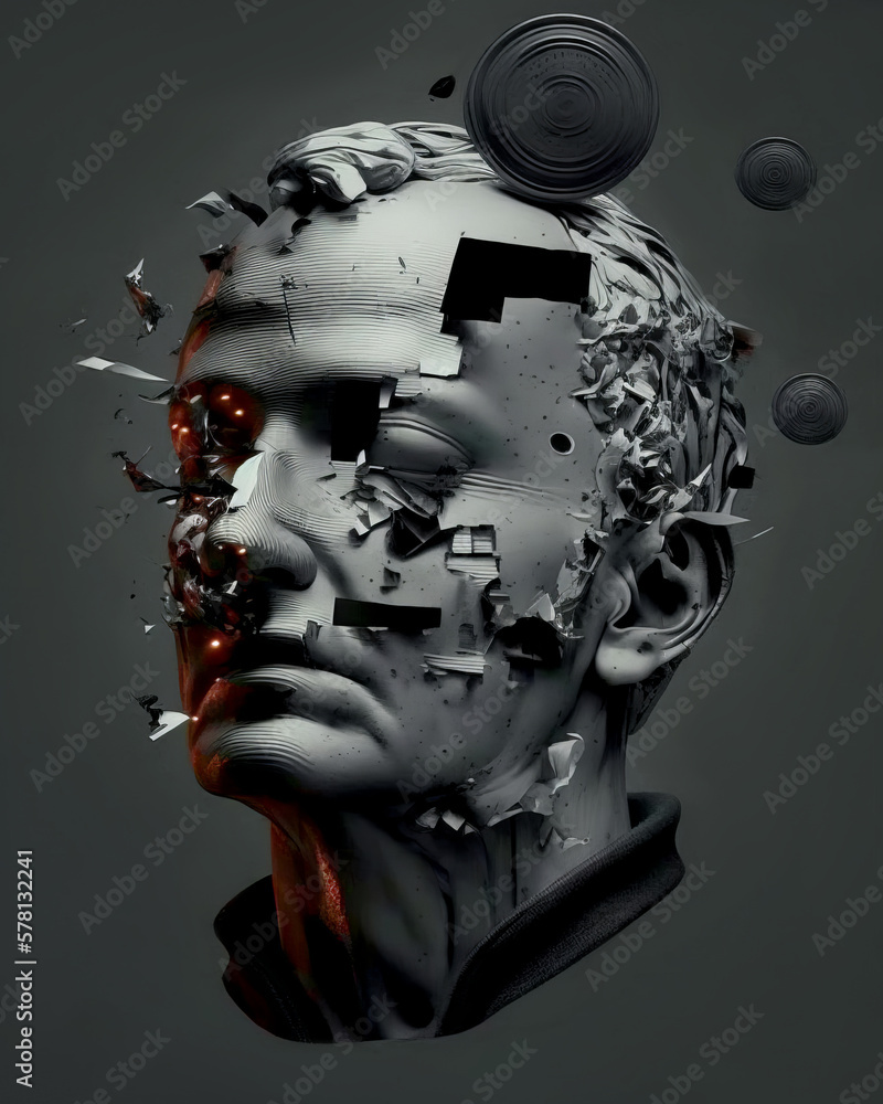Disintegrating head of a statue of a man with an explosion, unassembled ...