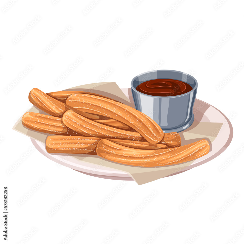 Churros heap and bowl of chocolate sauce on plate vector illustration ...