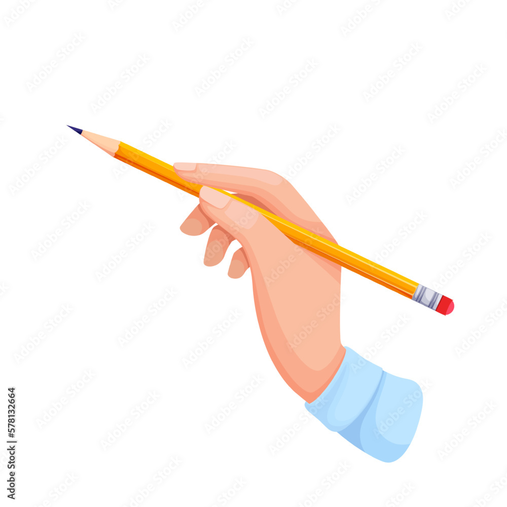 Hand holding pencil vector illustration. Cartoon person writing or ...
