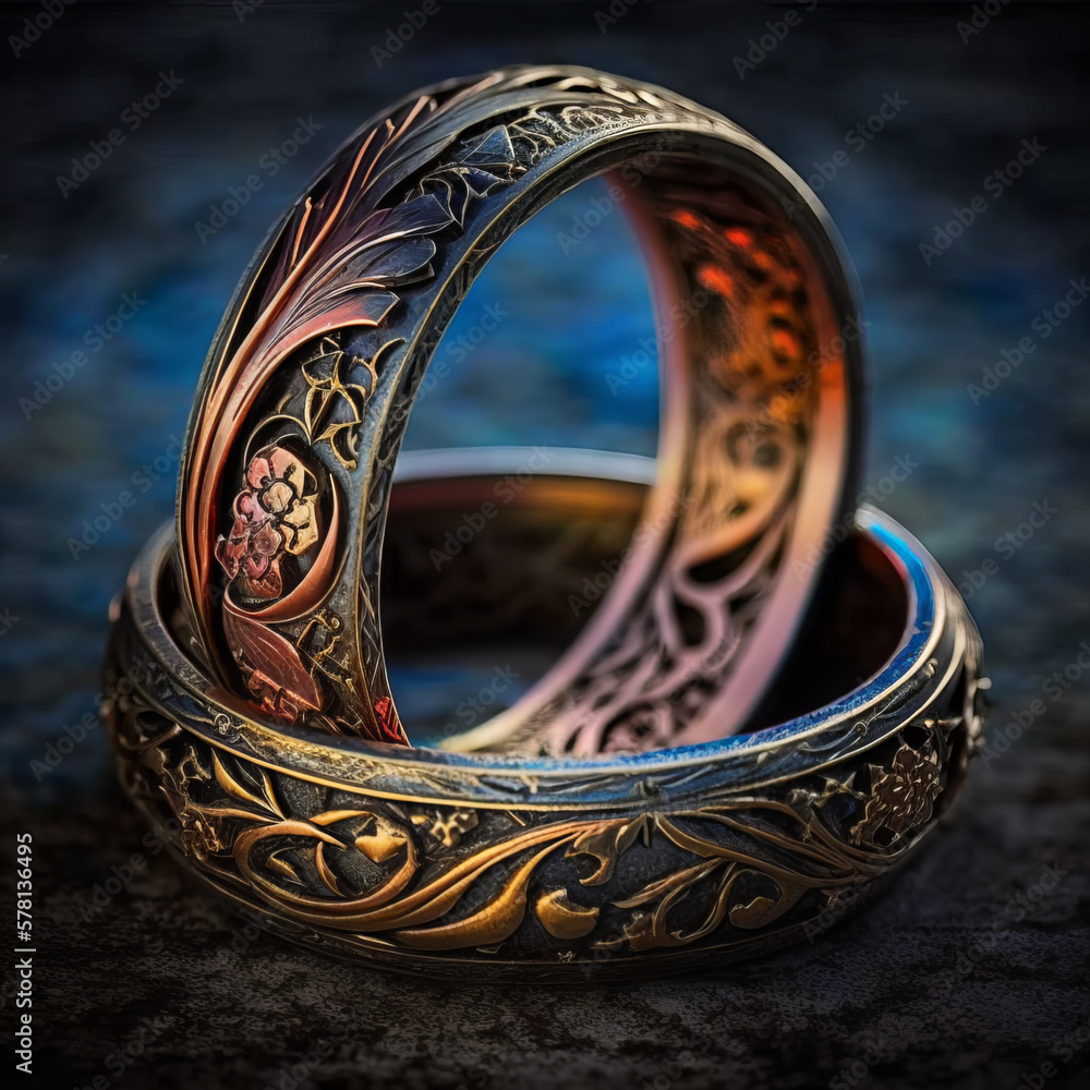 two metal rings with intricate floral designs on them. bronze carving ...