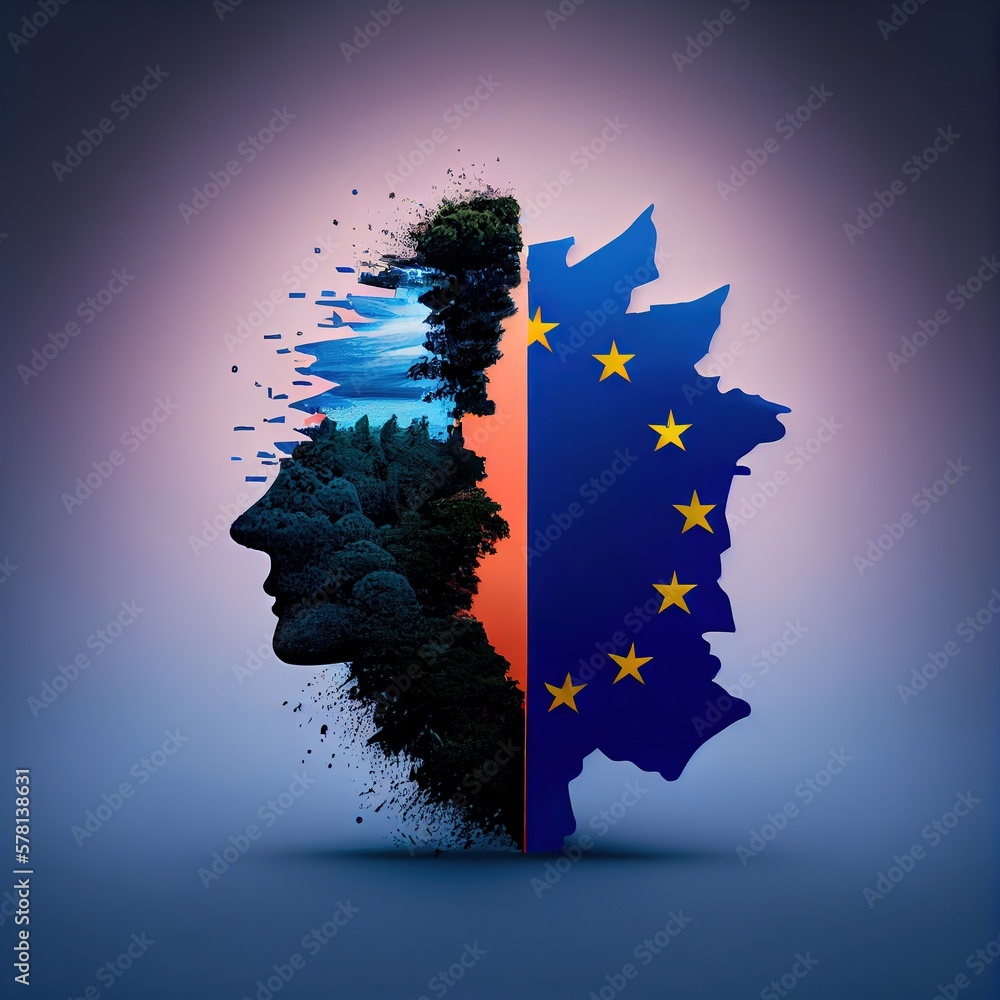 Nature face profile silhouette and European Union flag on isolated ...