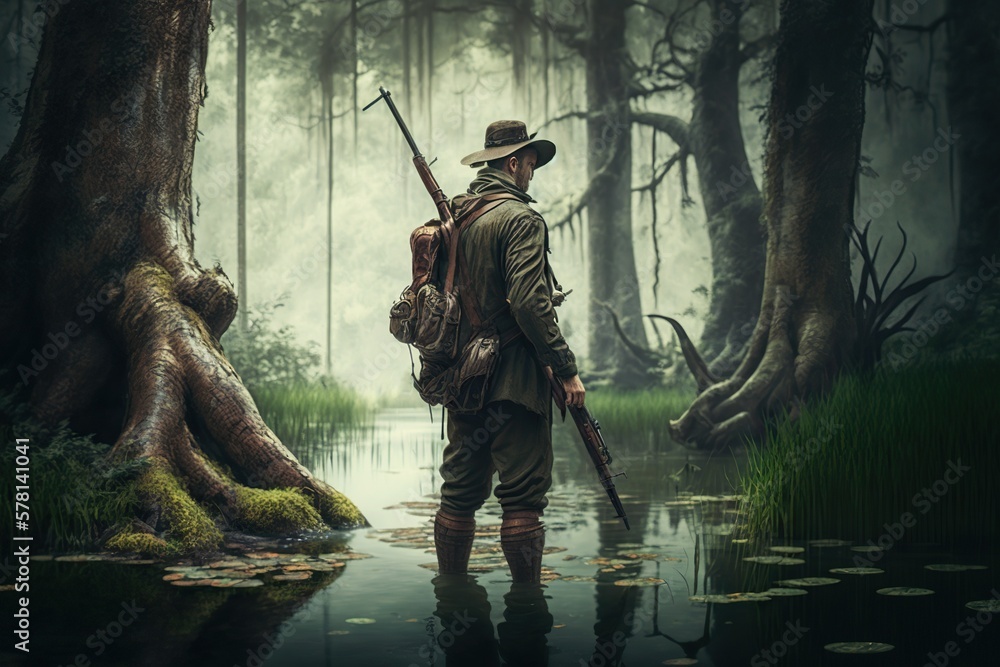Hunter standing in swamp in forest and holding in his hand an old ...