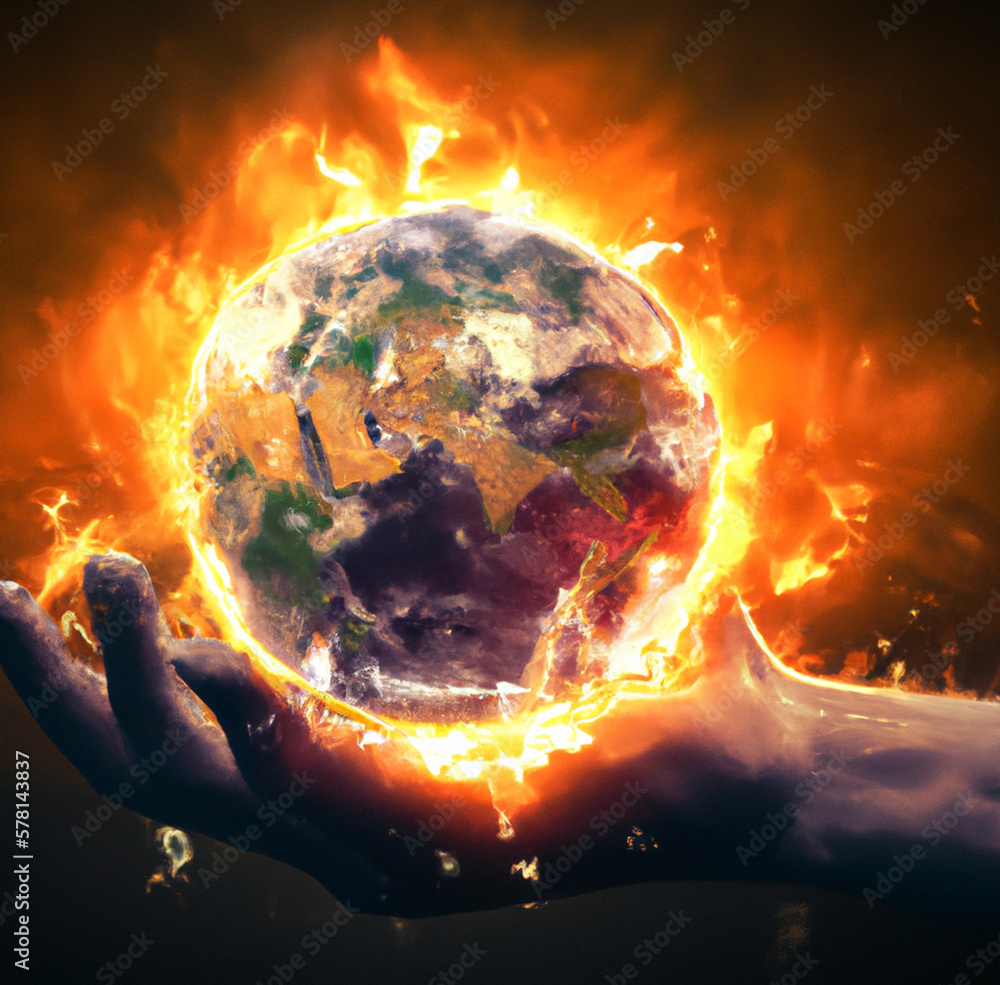 hand holding a planet on fire, climate change concept, created with ...