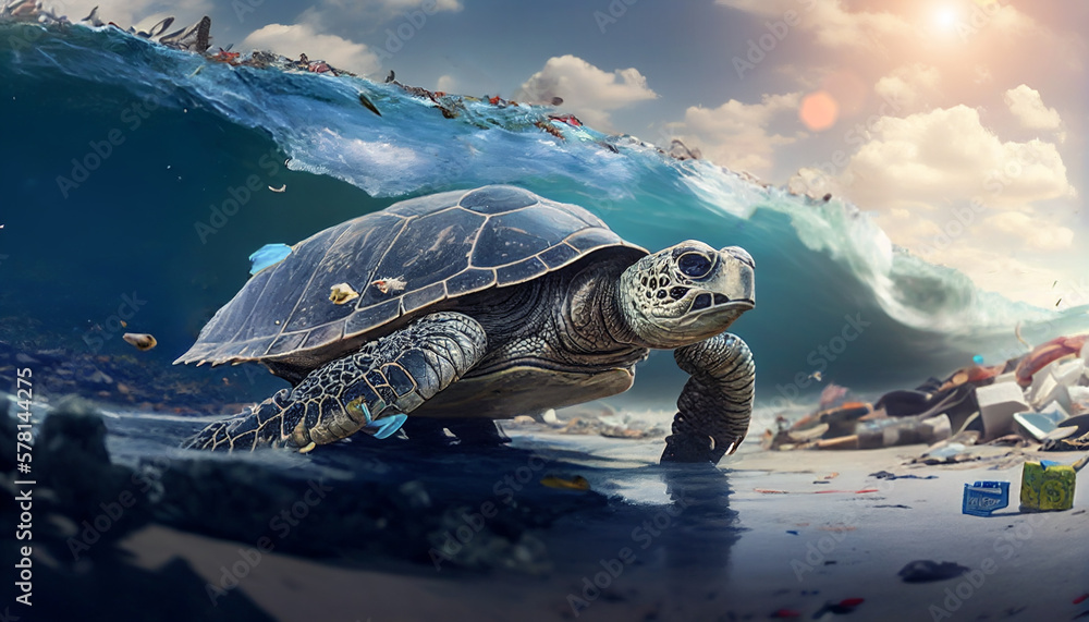 sad turtle walks out of the polluted ocean, lots of plastic waste makes ...