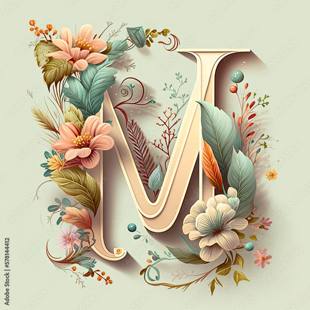 Letter "M" with flower decoration pastel color palette, cartoon ...