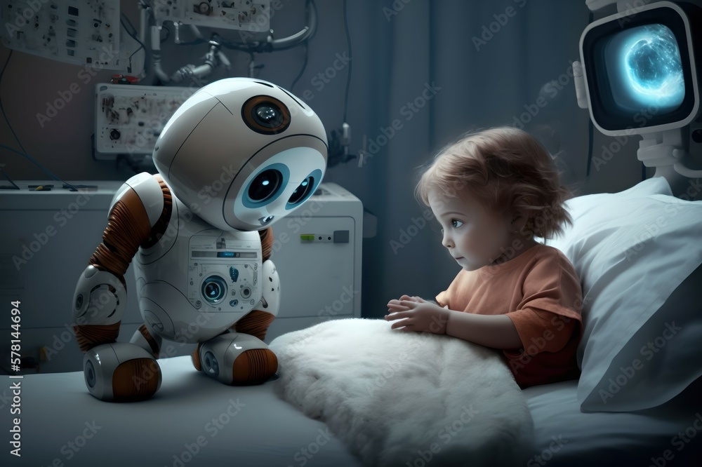 Future of hospital care with robots.Cute kind Robot communicates with a ...