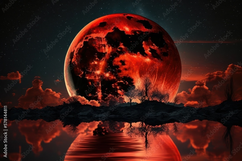 Blood Moon, Red moon, real full blood moon in black sky with cloud. AI ...