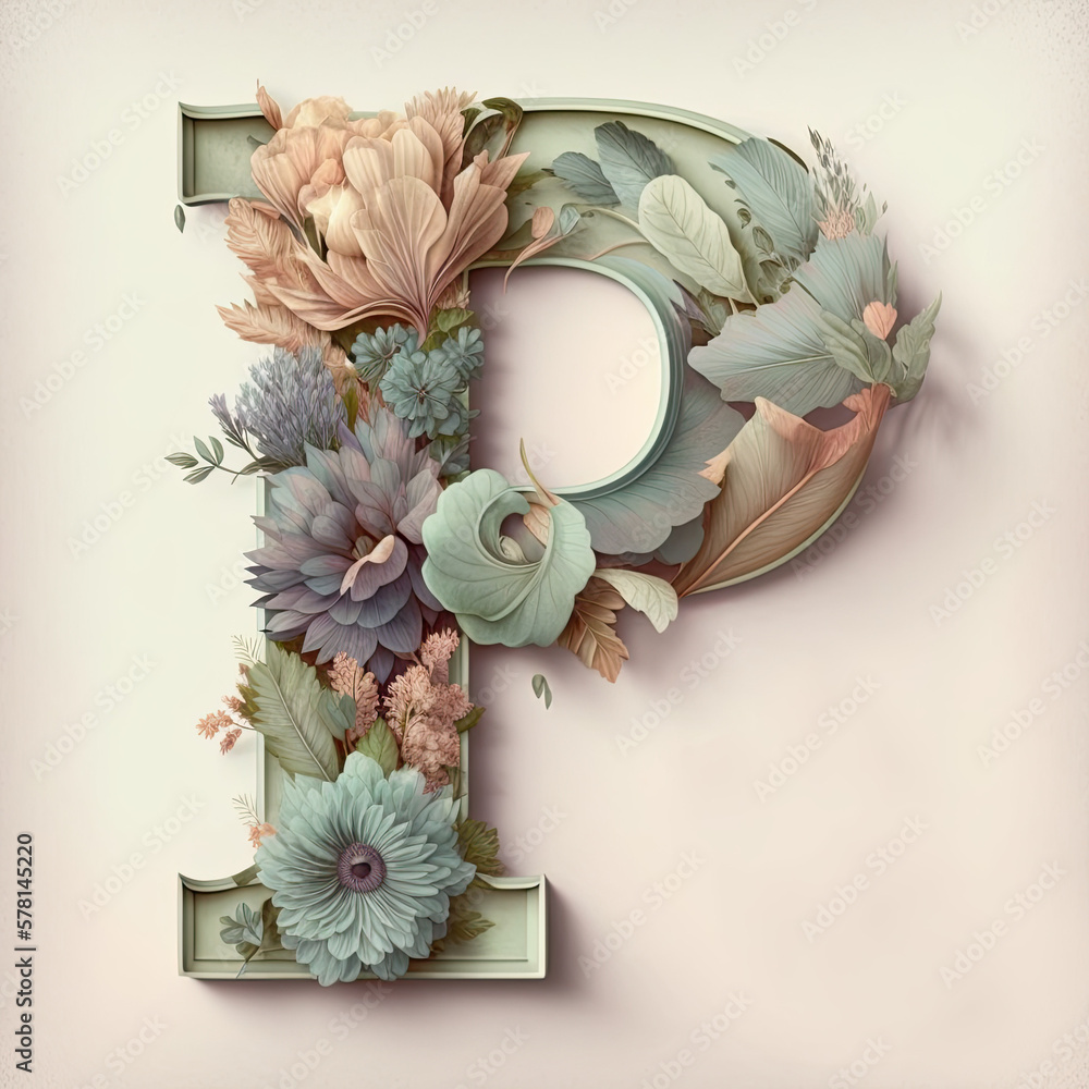 Letter "P" with flower decoration pastel color palette, cartoon ...