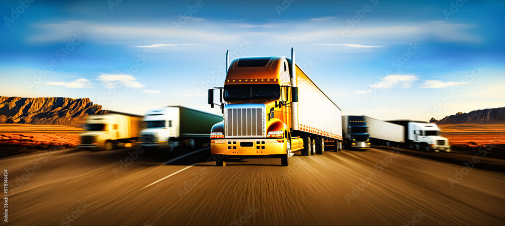 Trucks runs on the highway with speed. Logistics import export and ...