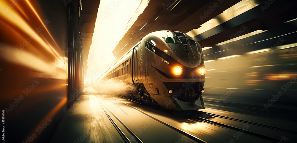 Modern high speed train in motion on railway station at sunset. Train ...