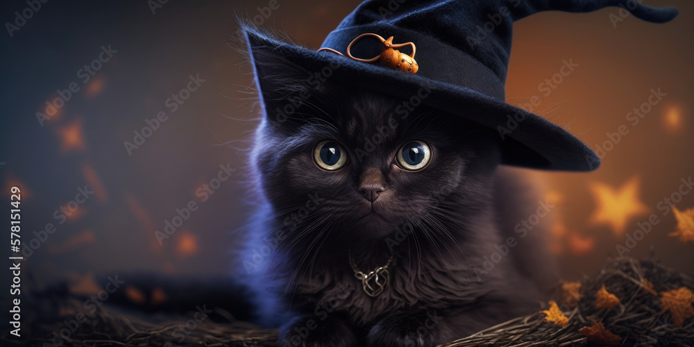 cute black cat with a witch hat, generative ai Stock Illustration ...