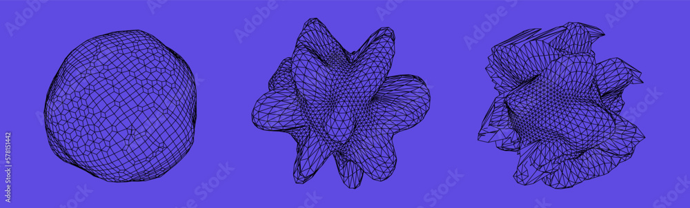 Set of abstract vector spheres and blobs made of mesh. Parametric ...