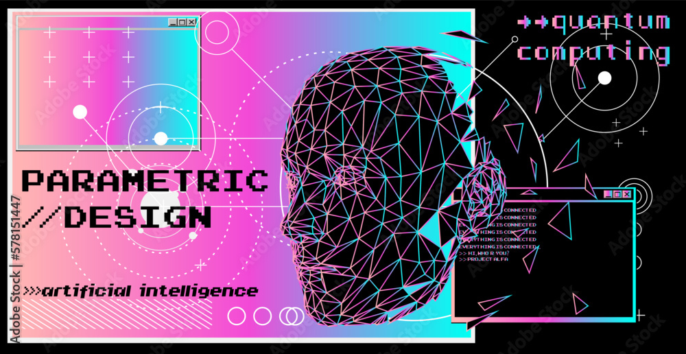 Bald woman silhouette made of a wireframe. Concept of parametric design ...