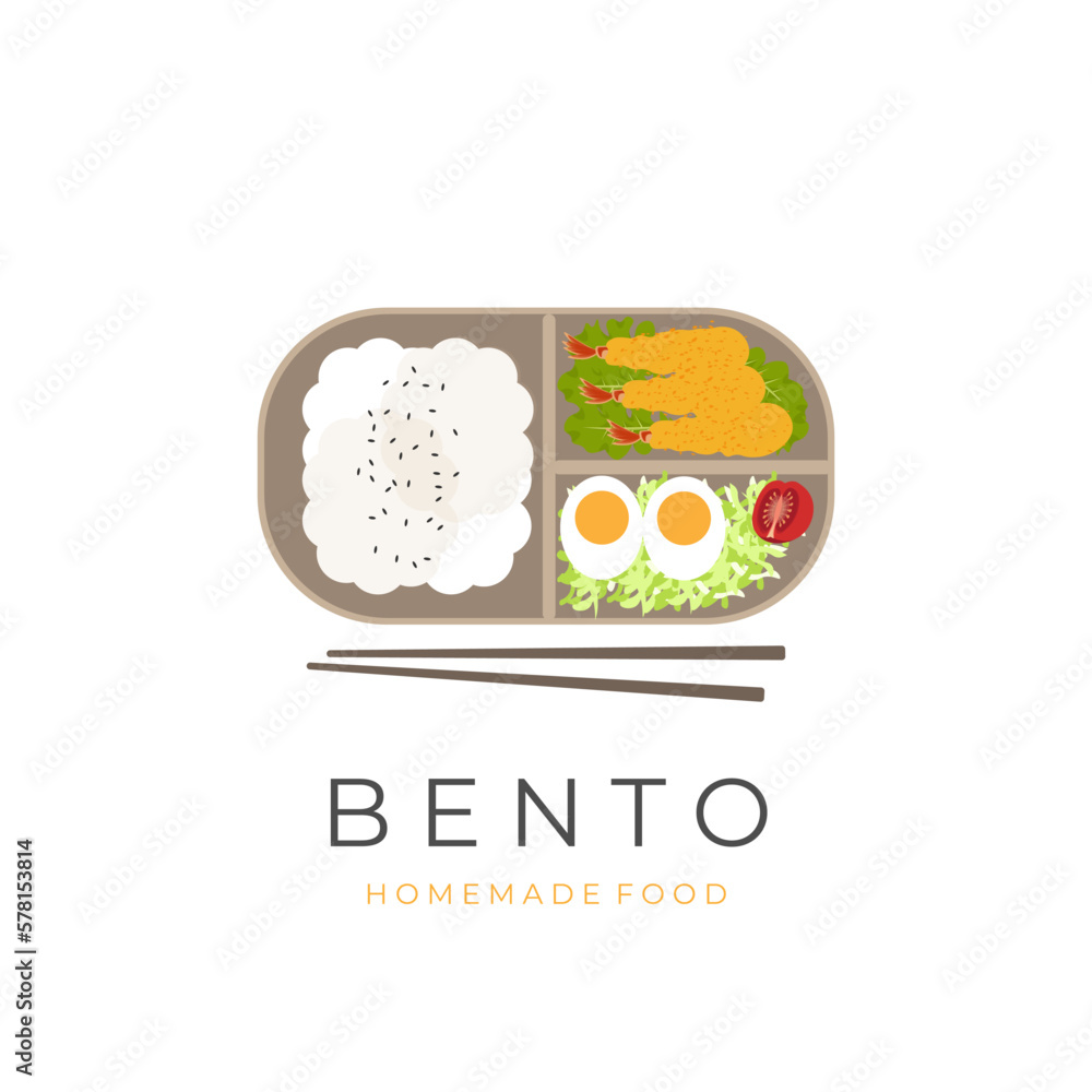 Wooden Lunch Box Bento Vector Illustration Logo With Filled Tempura Ebi ...