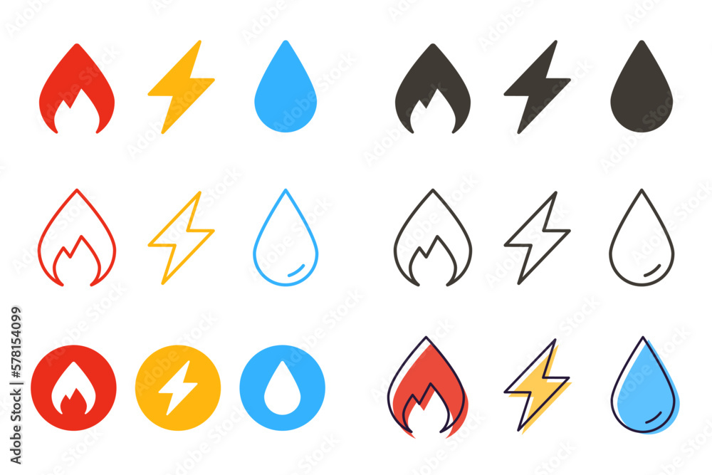 Collection of gas, electricity and water symbols in different styles ...