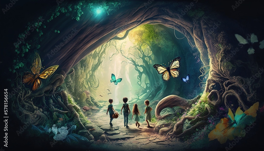Children playing in a beautiful enchanted magic forest with big ...