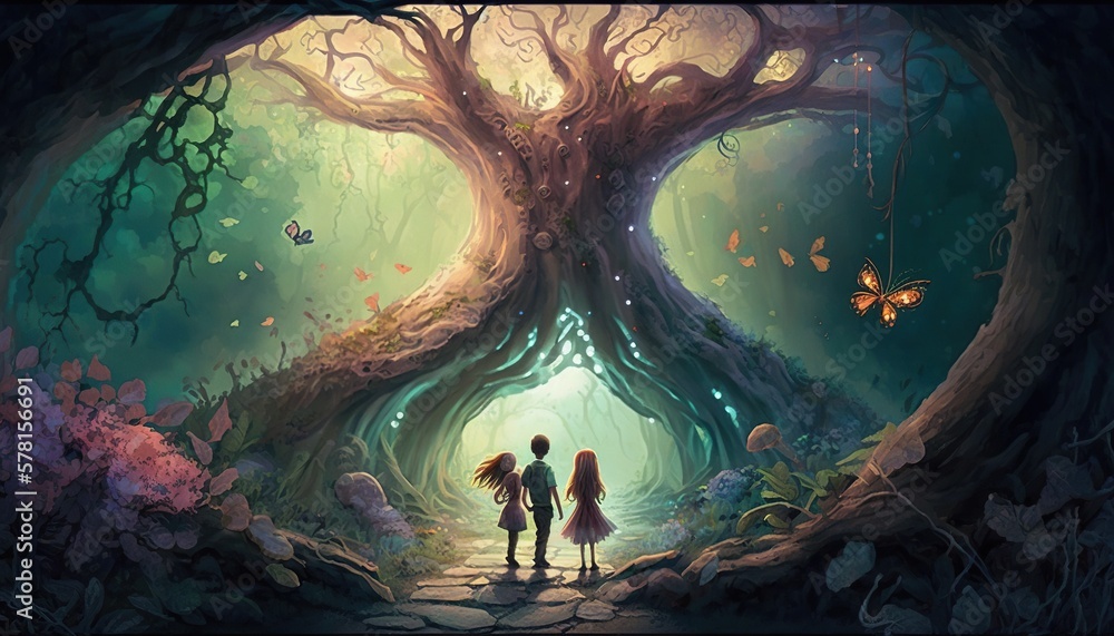 Children playing in a beautiful enchanted magic forest with big ...