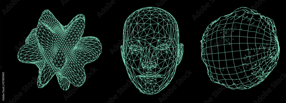 Abstract 3D vector elements made from a mesh. Distorted spheres and a ...