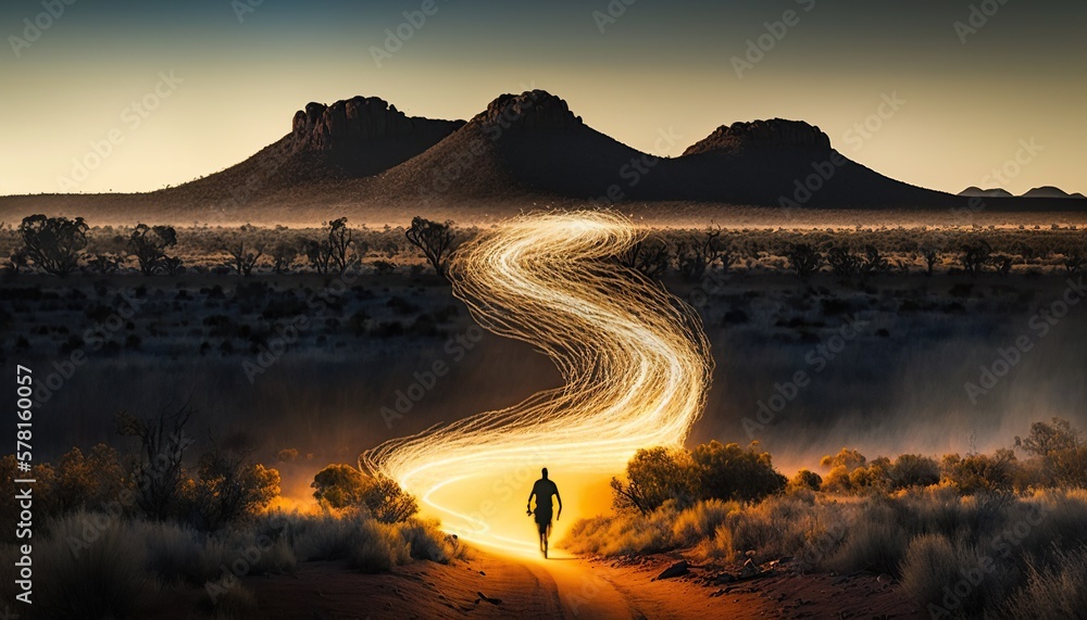 Australian aboriginal man following songlines over hills and dry red ...