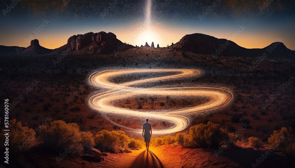 Australian aboriginal man following songlines over hills and dry red ...