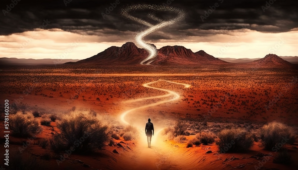 Australian aboriginal man following songlines over hills and dry red ...