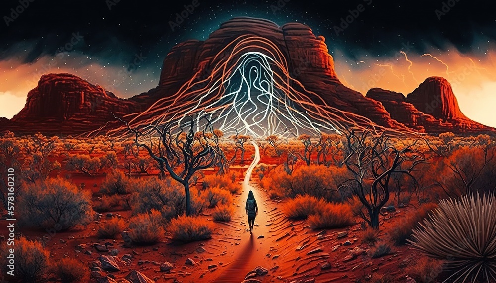 ภาพประกอบสต็อก Australian aboriginal man following songlines over hills ...