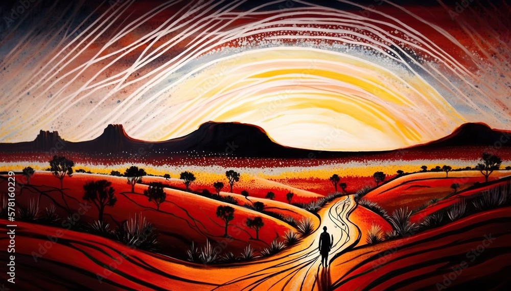 Australian aboriginal man following songlines over hills and dry red ...