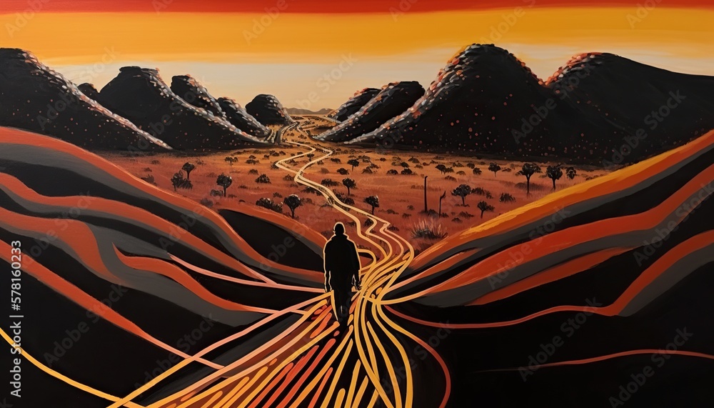 Australian aboriginal man following songlines over hills and dry red ...