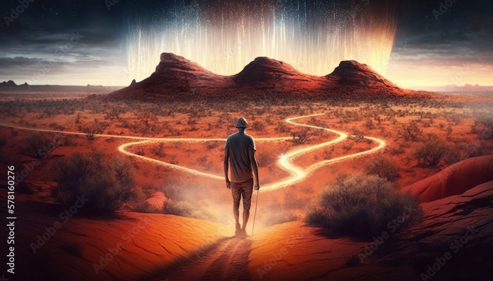 Australian aboriginal man following songlines over hills and dry red ...