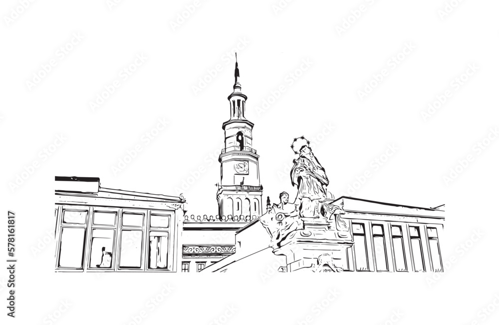 Building view with landmark of Poznan is the city in Poland. Hand drawn ...