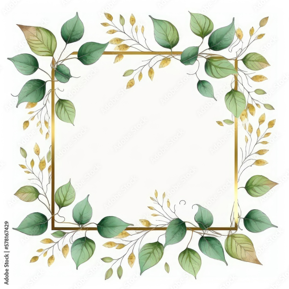 Square frame of green and golden leaves with watercolor painting ...
