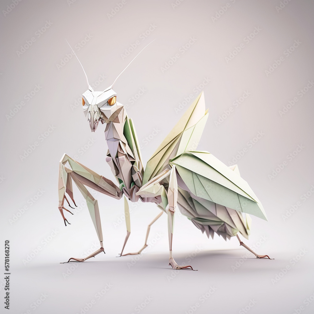 White background, hyper sharp 3D mantis, paper origami, pastel colours ...