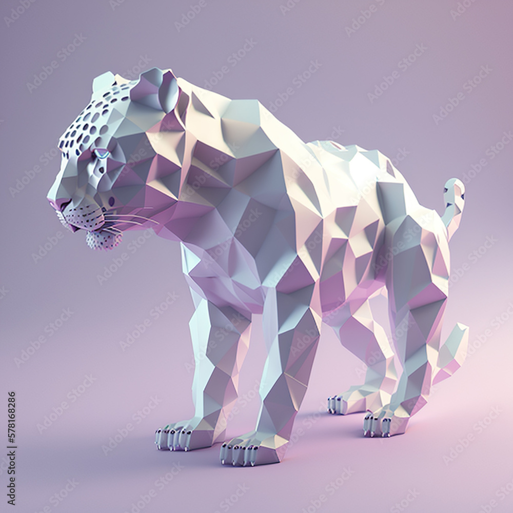 White background, hyper sharp 3D leopard, paper origami, pastel colours ...