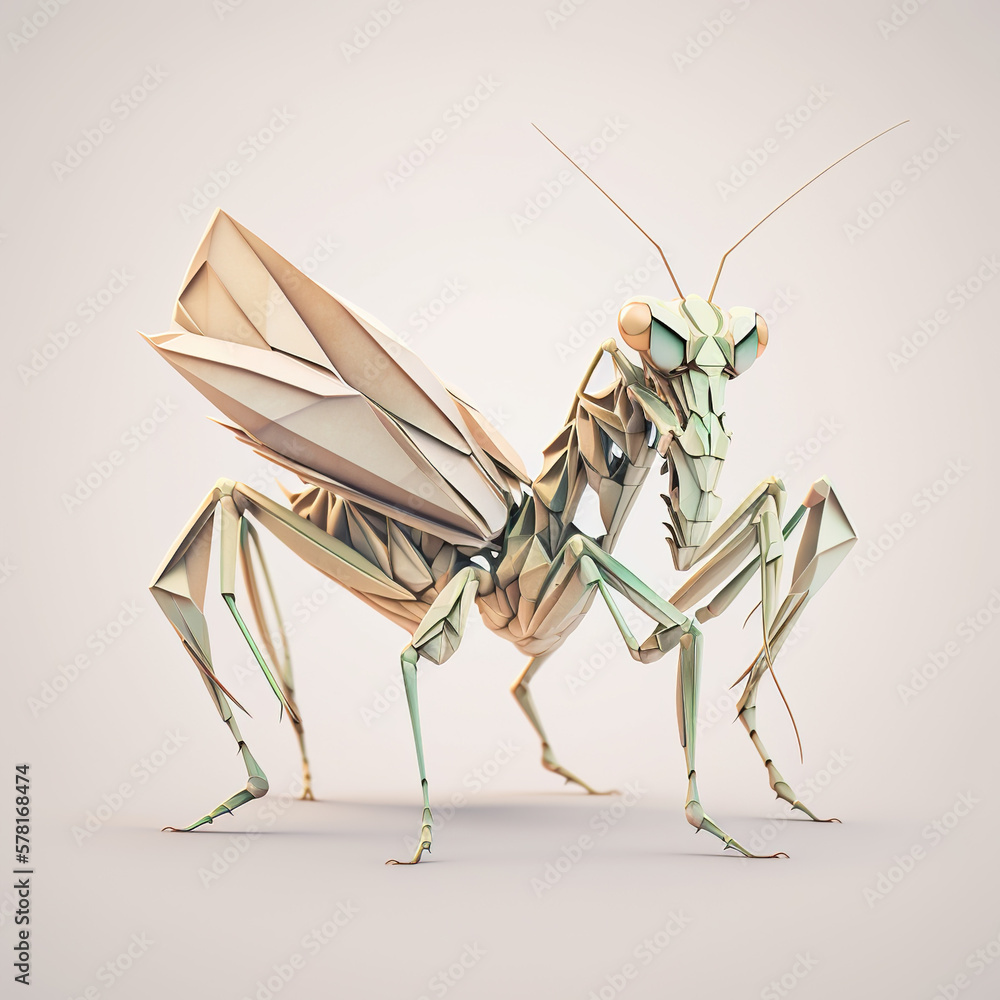 White background, hyper sharp 3D mantis, paper origami, pastel colours ...