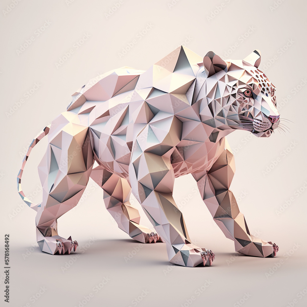 White background, hyper sharp 3D leopard, paper origami, pastel colours ...