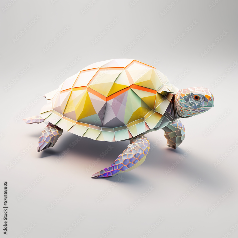 White background, hyper sharp 3D turtle, paper origami, pastel colours ...