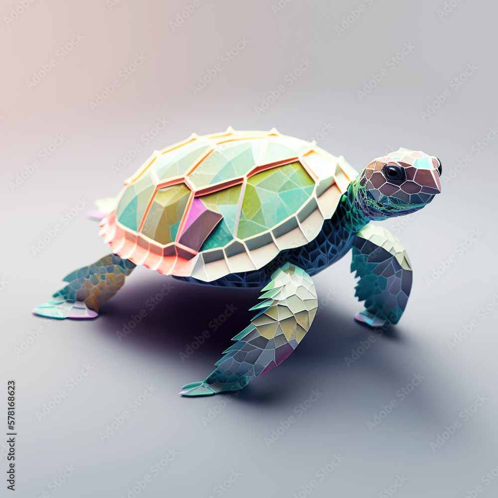 White background, hyper sharp 3D turtle, paper origami, pastel colours ...