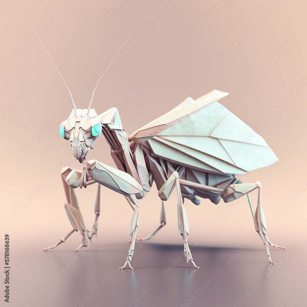 White background, hyper sharp 3D mantis, paper origami, pastel colours ...