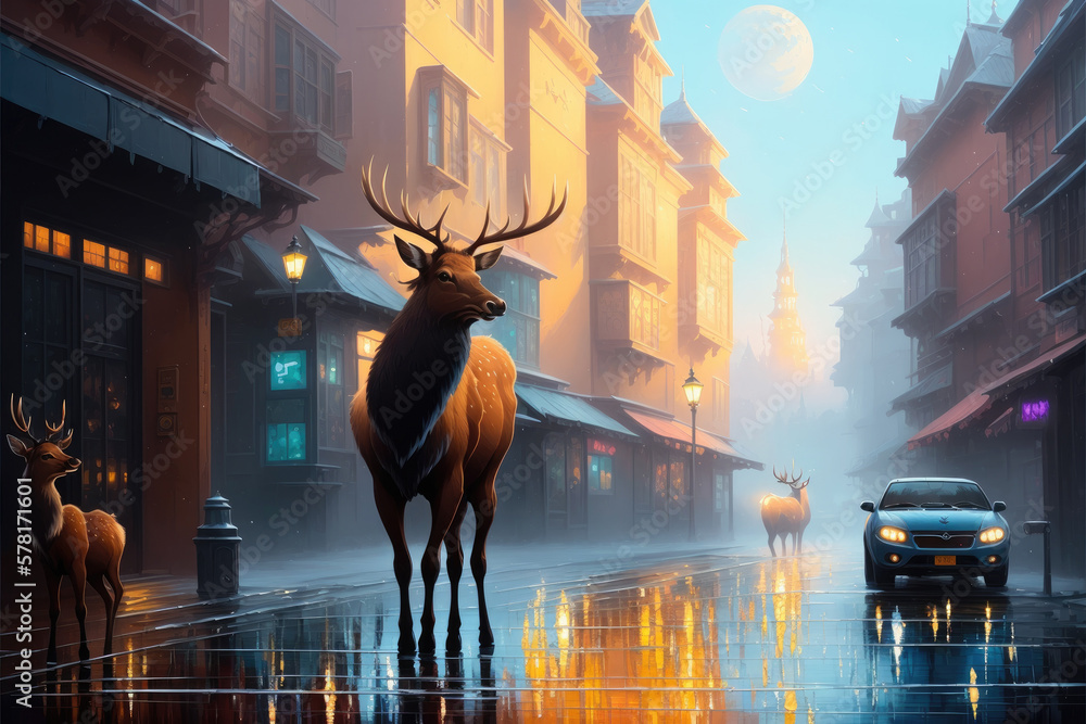 Colorful magic elk in forest, cartoon style painting. Generative ai art ...