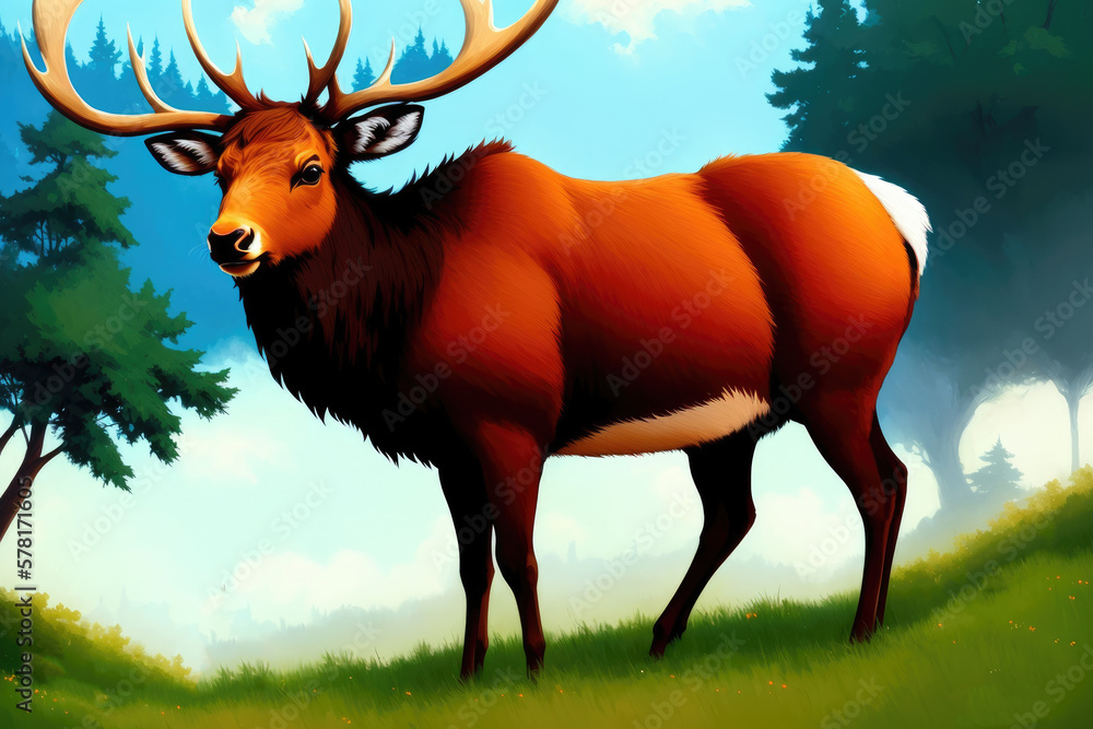 Colorful magic elk in forest, cartoon style painting. Generative ai art ...