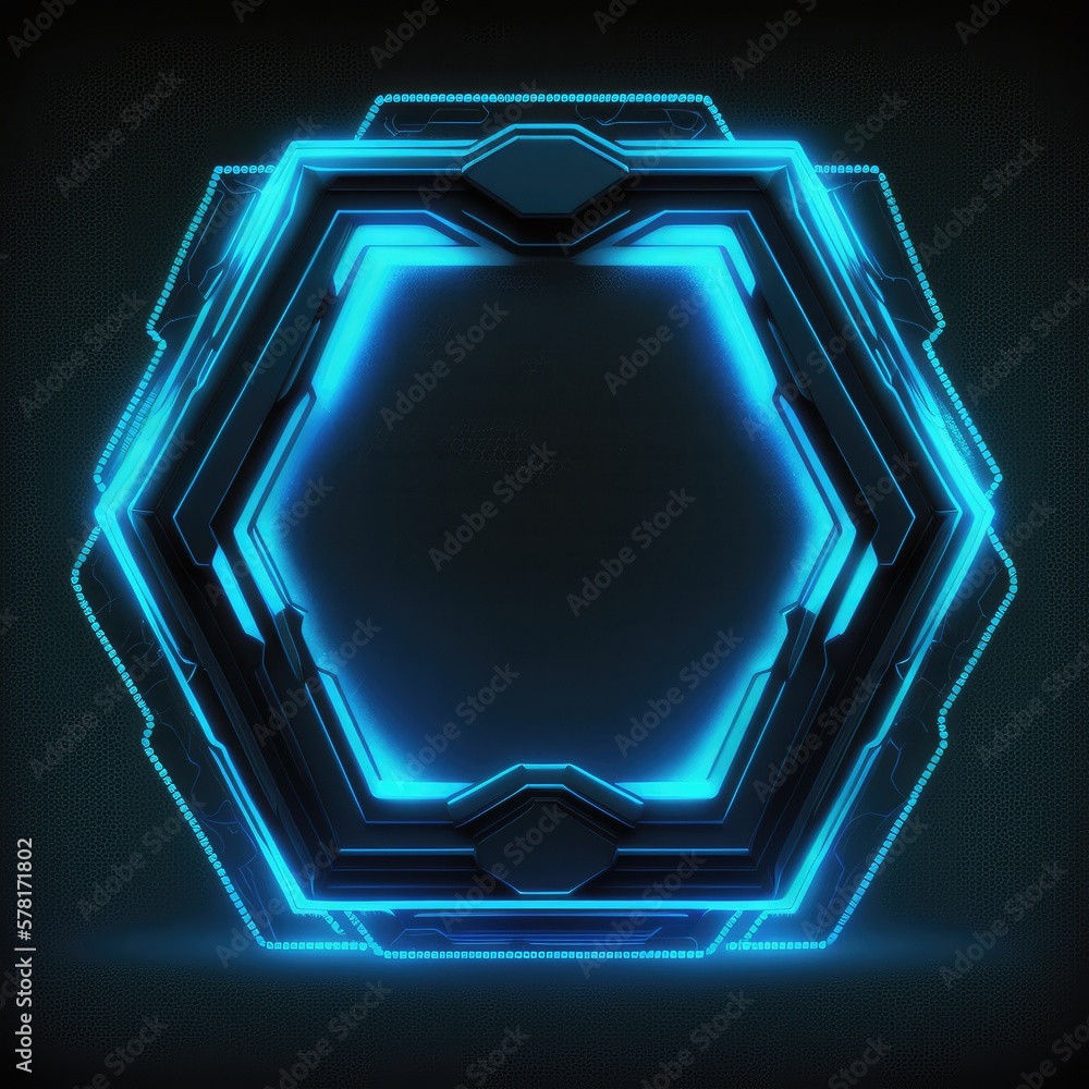Abstract of glowing futuristic hexagon frame illuminated with neon blue ...
