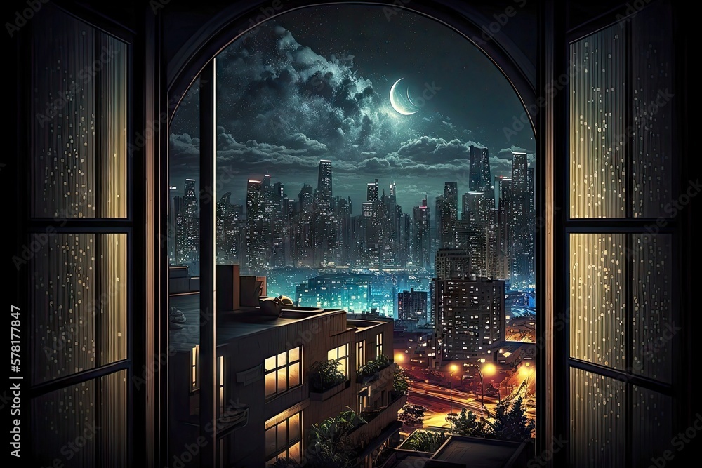 night point of view from roof terrace with skyscrapers city rooftop ...