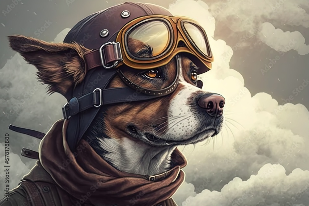 Cartoon showing a dog wearing a pilot's cap and goggles and staring out ...