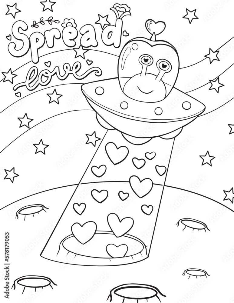 Hand-drawn with inspirational words, Spread love. Ufo, monster, space ...